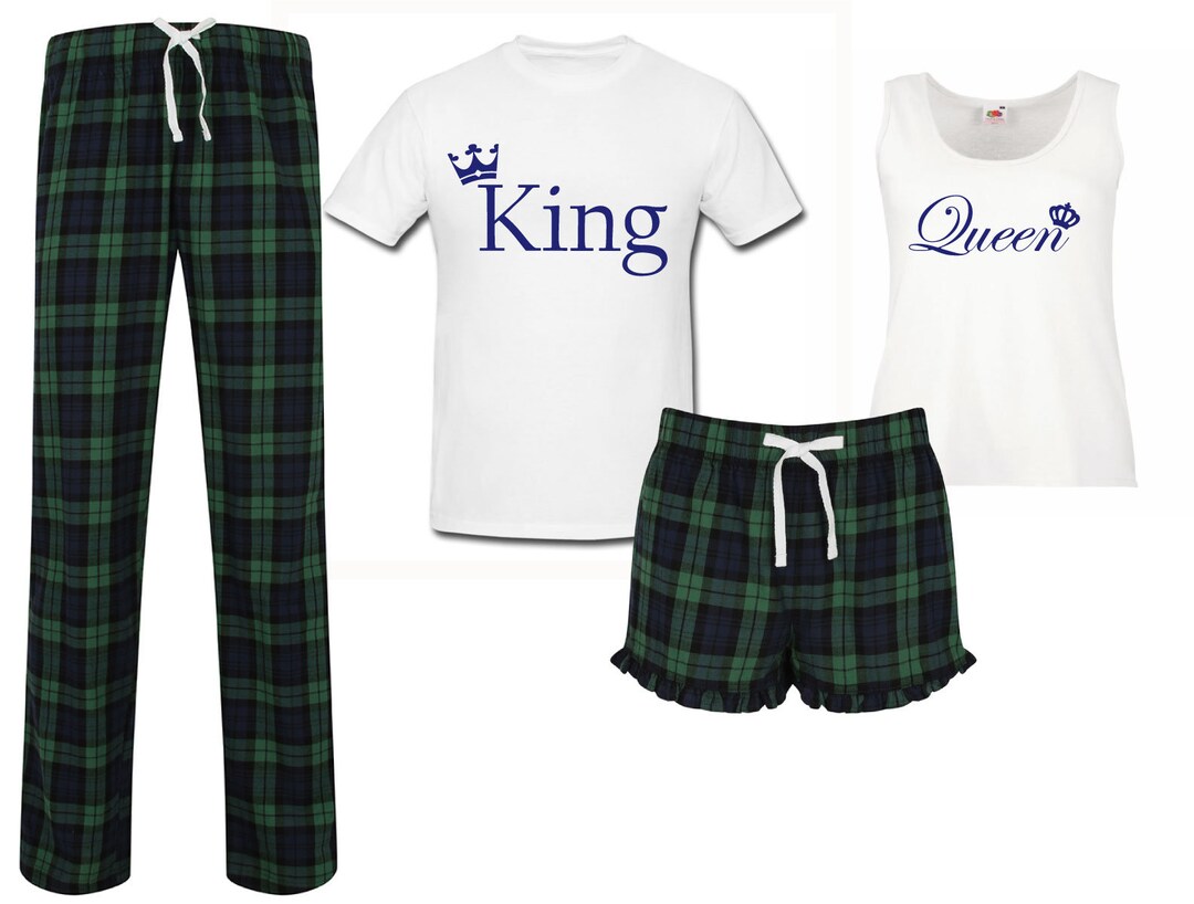 Couples Pyjamas King and Queen Wedding Honeymoon Green Tartan Pajamas ...
