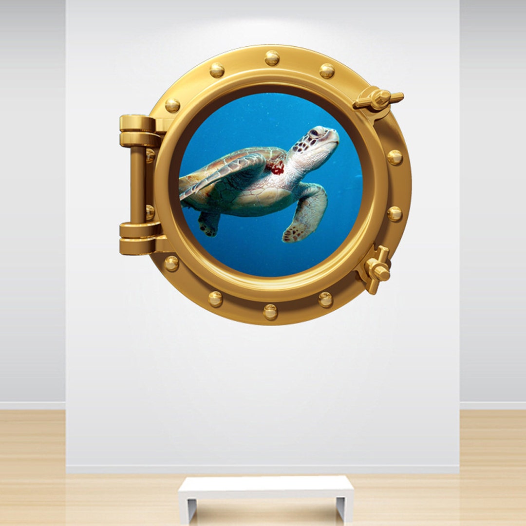 Wall Decal Sea Turtle Full Colour Under the Sea Brass Gold Porthole ...