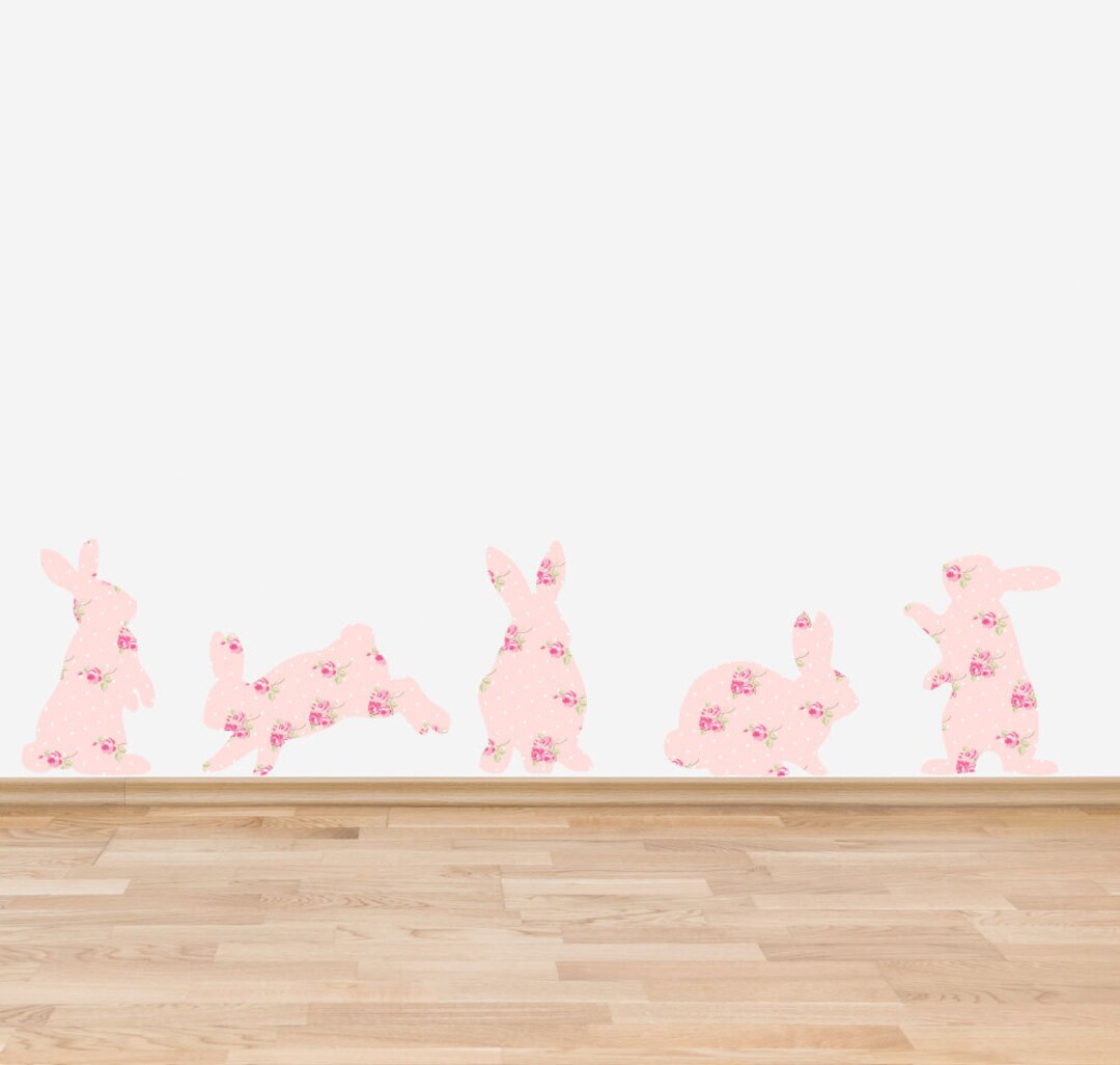Rabbits Wall Decal Pink Vintage Floral Set of Cute Nursery Girls ...