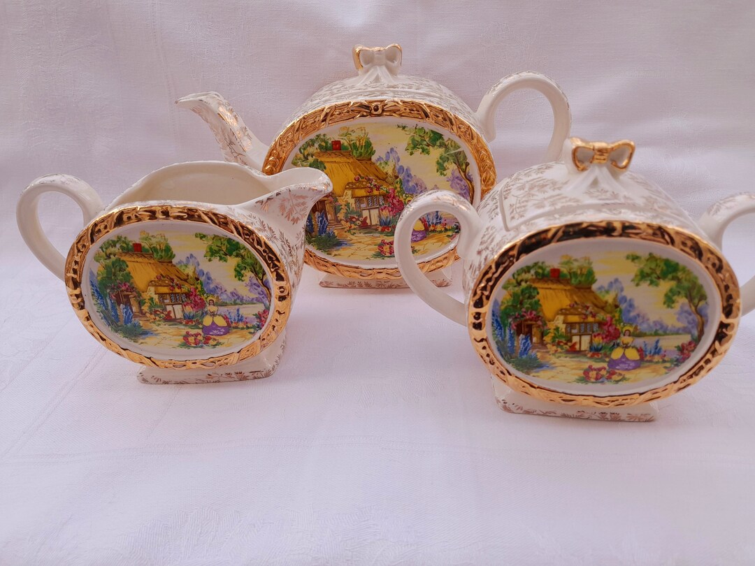 Sadler Barrel Shape Tea Set Transfer Decorated With Crinoline Lady ...