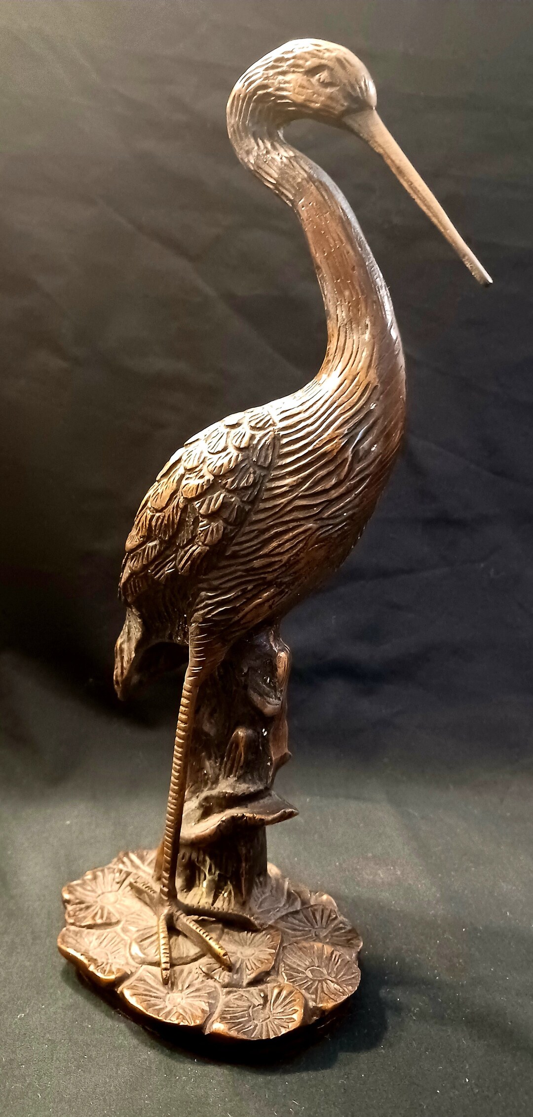 Vintage Brass / Bronze Crane Ibis / Crane Statue Standing in Lily Pads ...