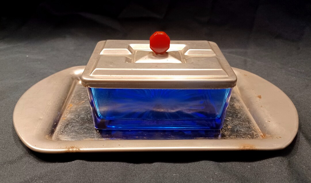Art Deco Cobalt Blue Glass Cigarette Box W/ Chrome Lid & Bakelite ...
