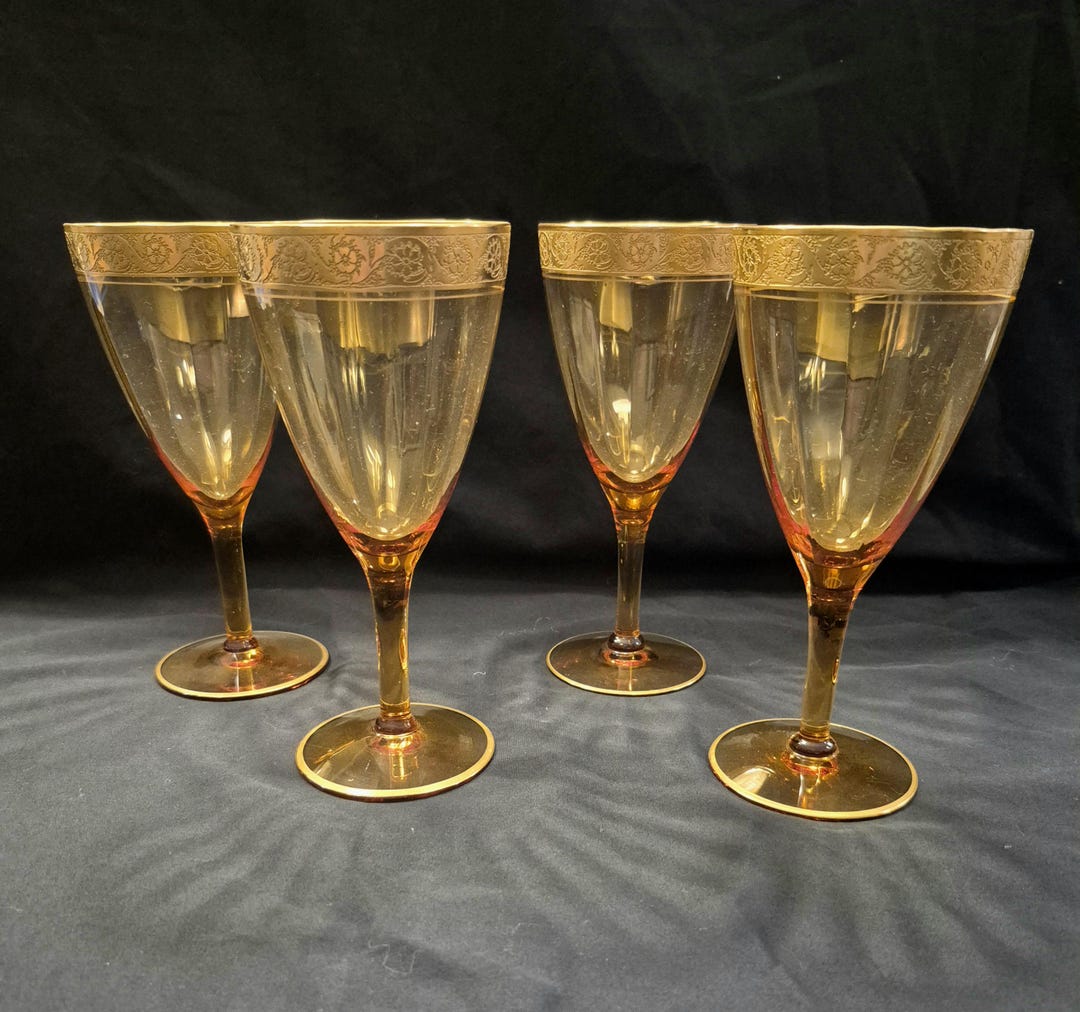 Set of 4 Tiffin Gold Rim Optic Water / Wine Goblets - Tiffin Stemware ...