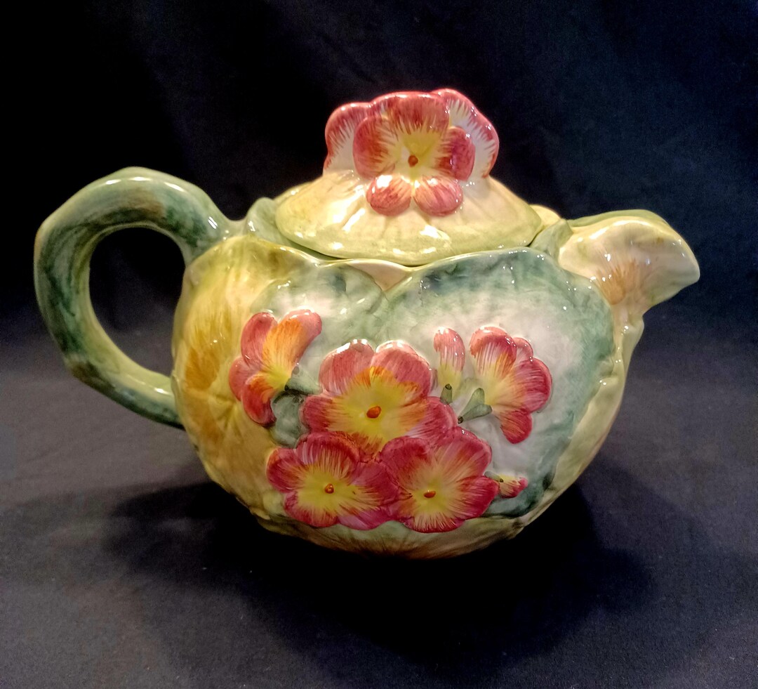 Teapot - Majolica Teapot - Cabbage Leaf & Floral Teapot - Teapot Made ...