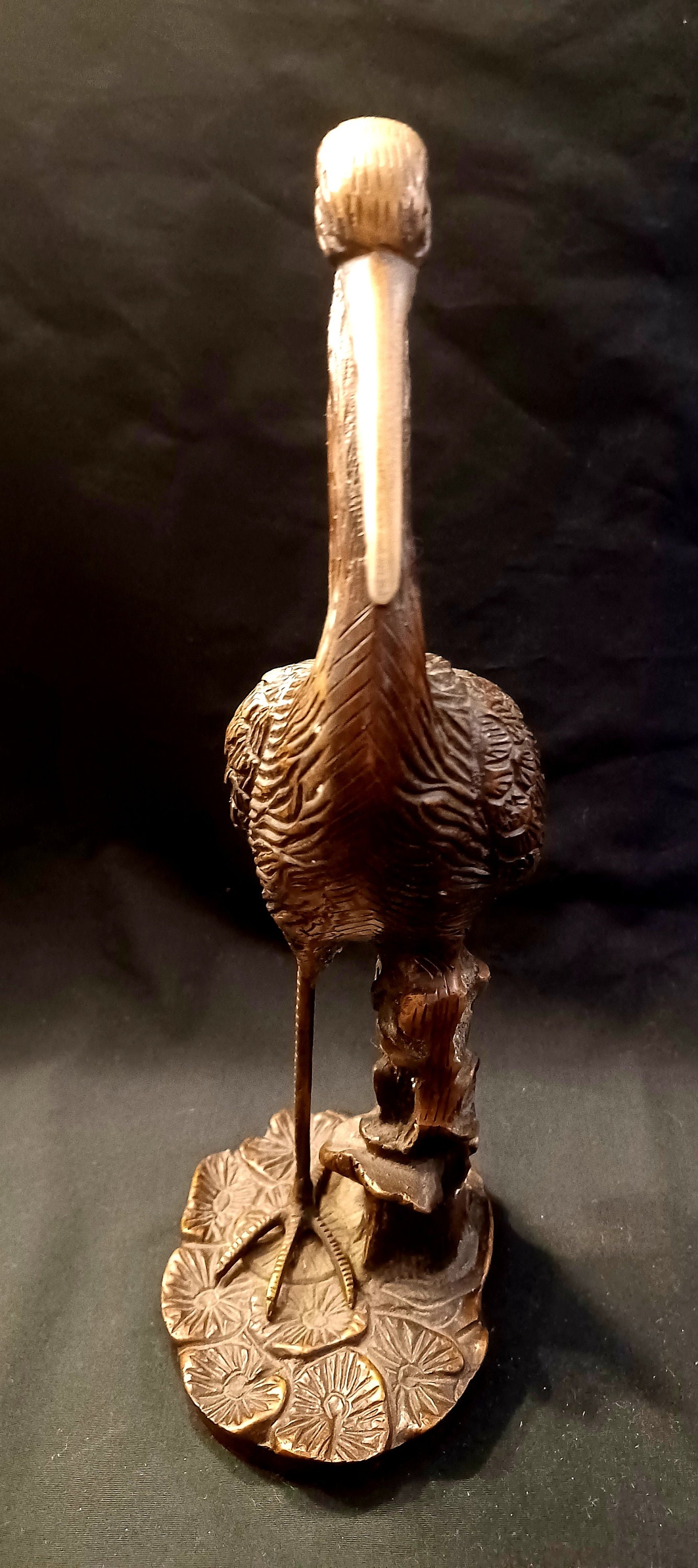 Vintage Brass / Bronze Crane Ibis / Crane Statue Standing in Lily Pads ...