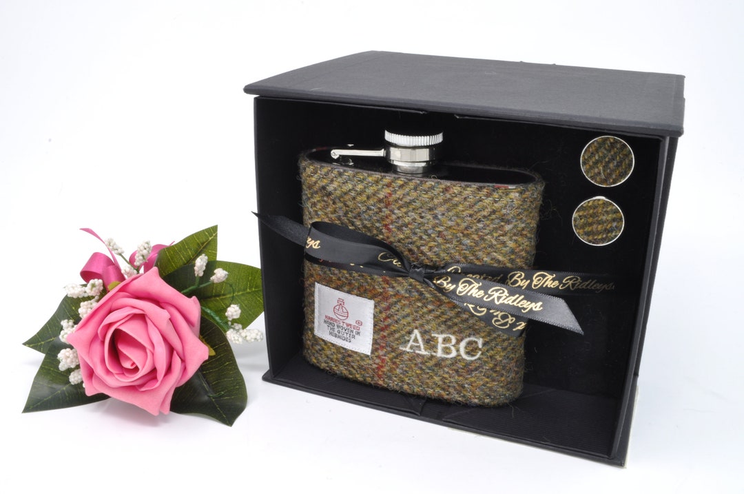 Harris Tweed Hip Flask With Matching Cufflinks- Best Man, Father of the ...