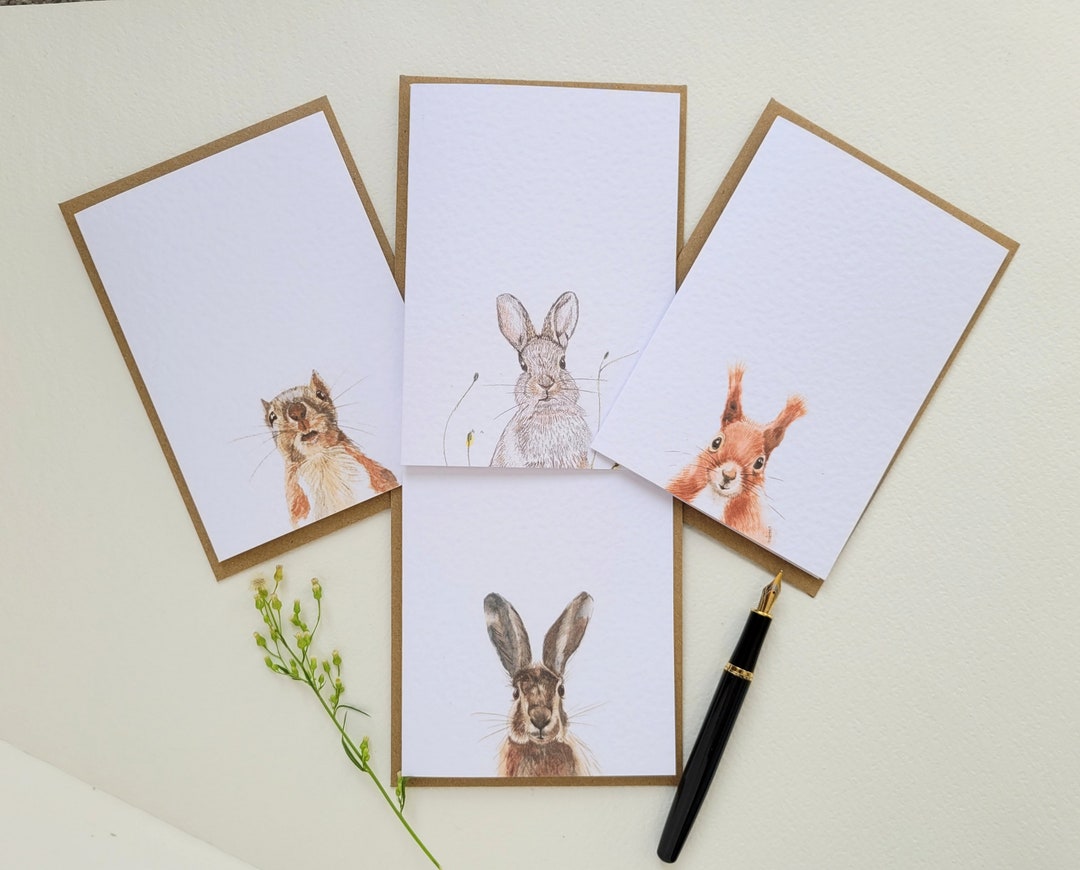 Wild Animal Print Note Card Set, Squirrels, Rabbit and Hare Notelets ...