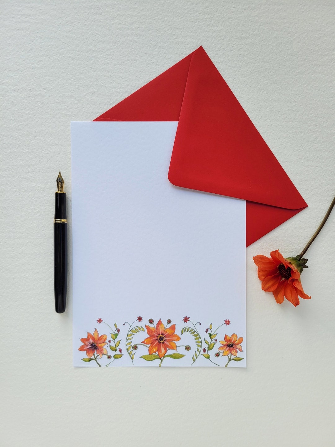 Floral Writing Paper Gift Set With Red Envelopes, Luxury Dahlia Print ...