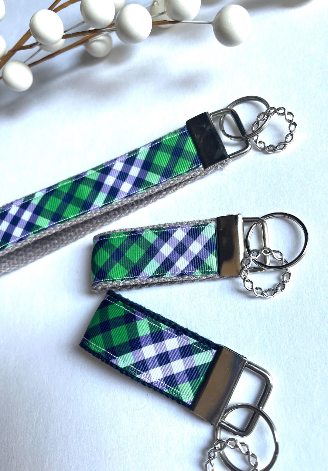 Preppy Plaid Keychain: Green, Blue & White Cotton Wristlet - Etsy