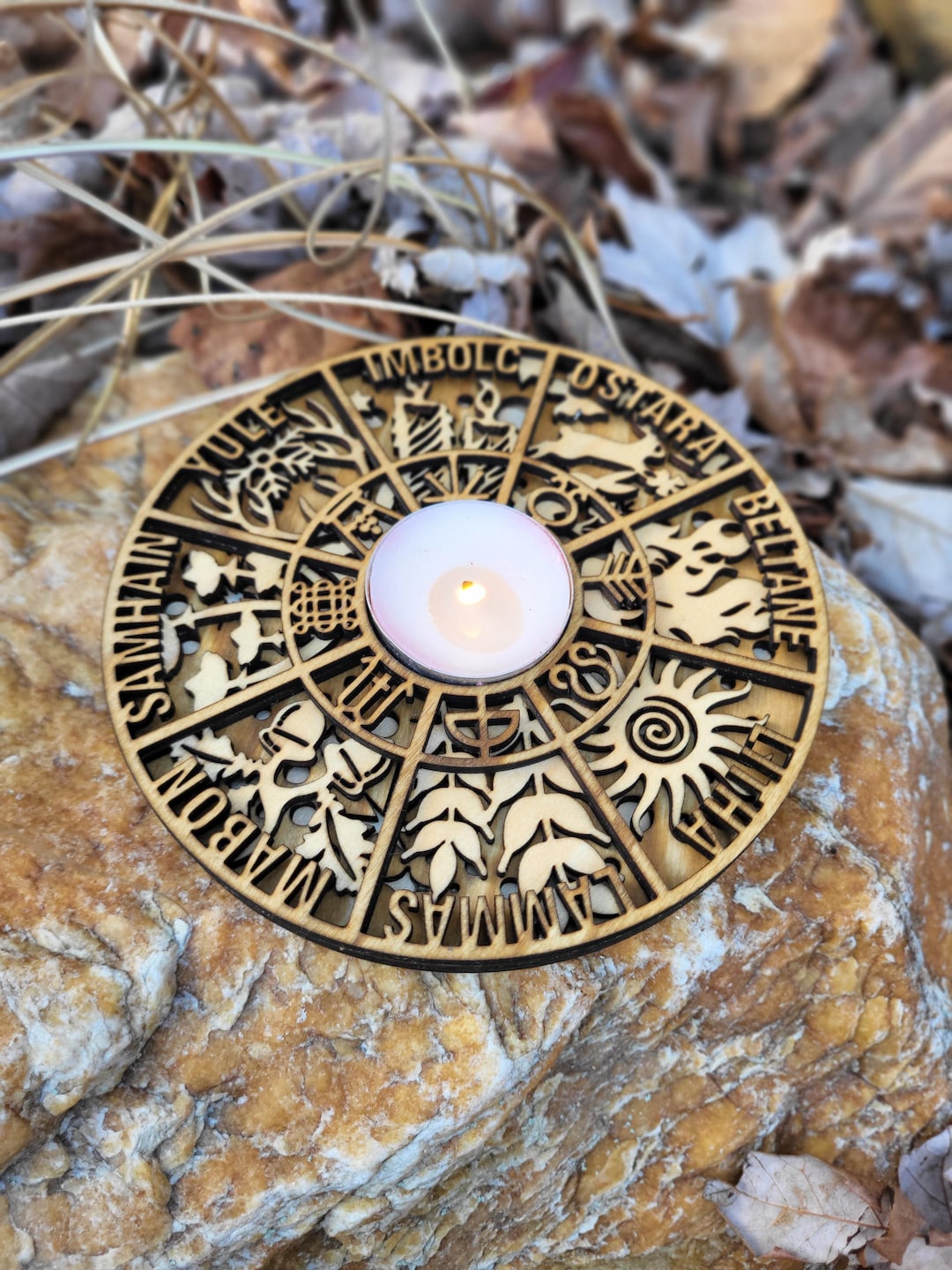 Wheel of the Year Candle Holder – Stained Finished Wooden Pagan Altar ...