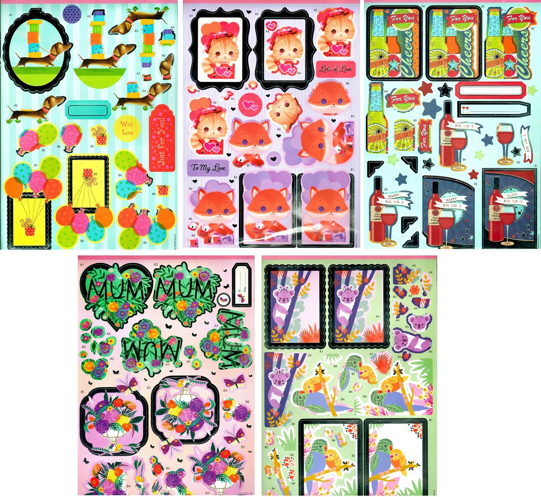 Set of 5 Foiled Die Cut Sheets for 3D Toppers Card Making Decoupage ...