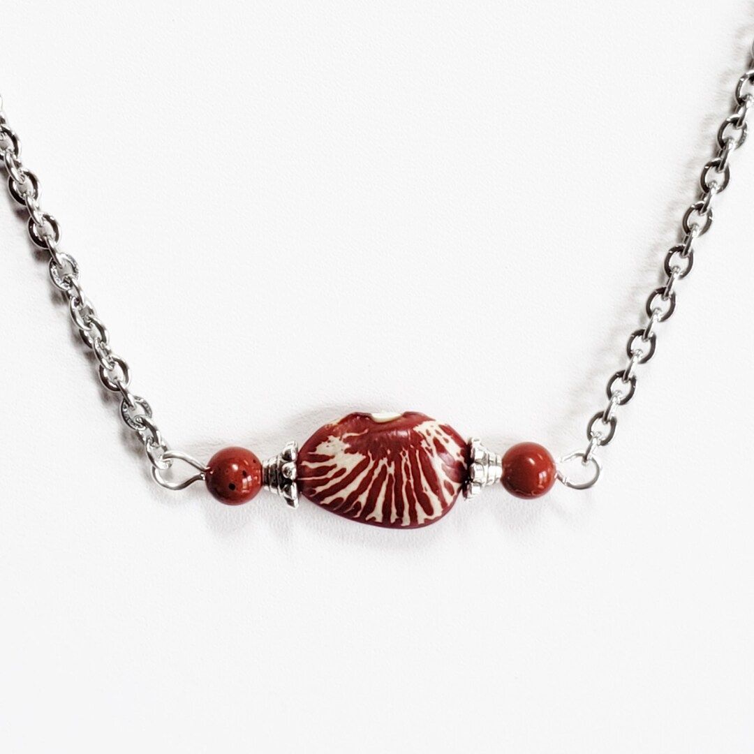 Rare Ping Zebra Lima Bean Necklace: Red Jasper, Stainless Steel Chain ...