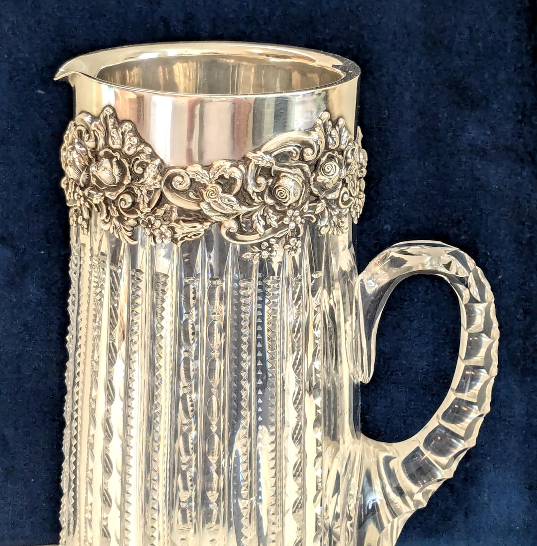American Made 1890s Sterling Mounted, Cut Crystal Glass Water Pitcher ...