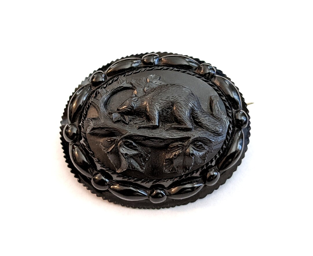 Victorian Era Black Mourning Brooch, Center Has a Carved Animal; 2 1/4 ...