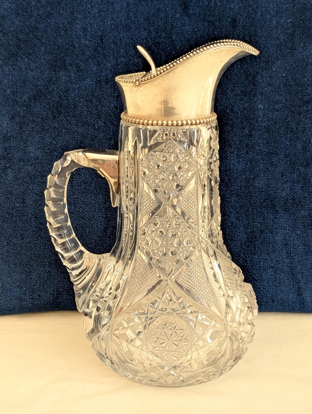 US Made Sterling Mounted, Cut Glass Syrup Pitcher 6 3/4 H X 4 1/2 W X 3 ...
