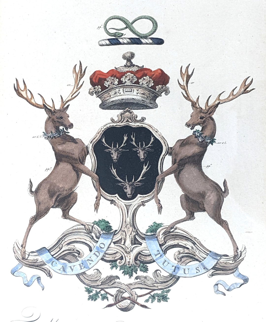 Original 1784 Wappen für die Herzöge von Devonshire, handgefärbte ...