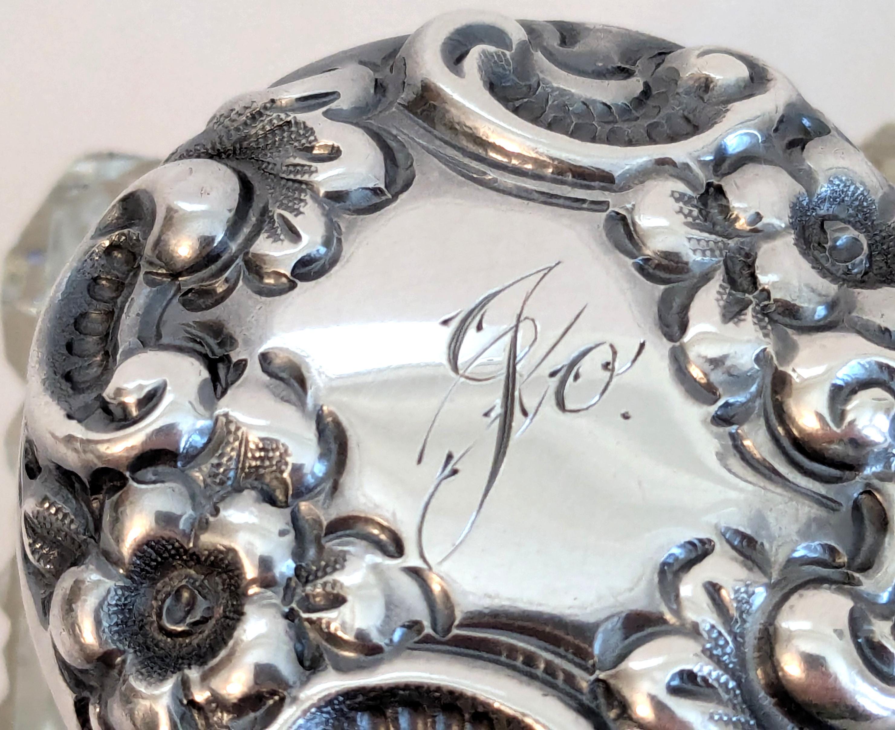 La Pierre Cut Crystal Inkwell, Sterling Repousse Cap: Monogram 
