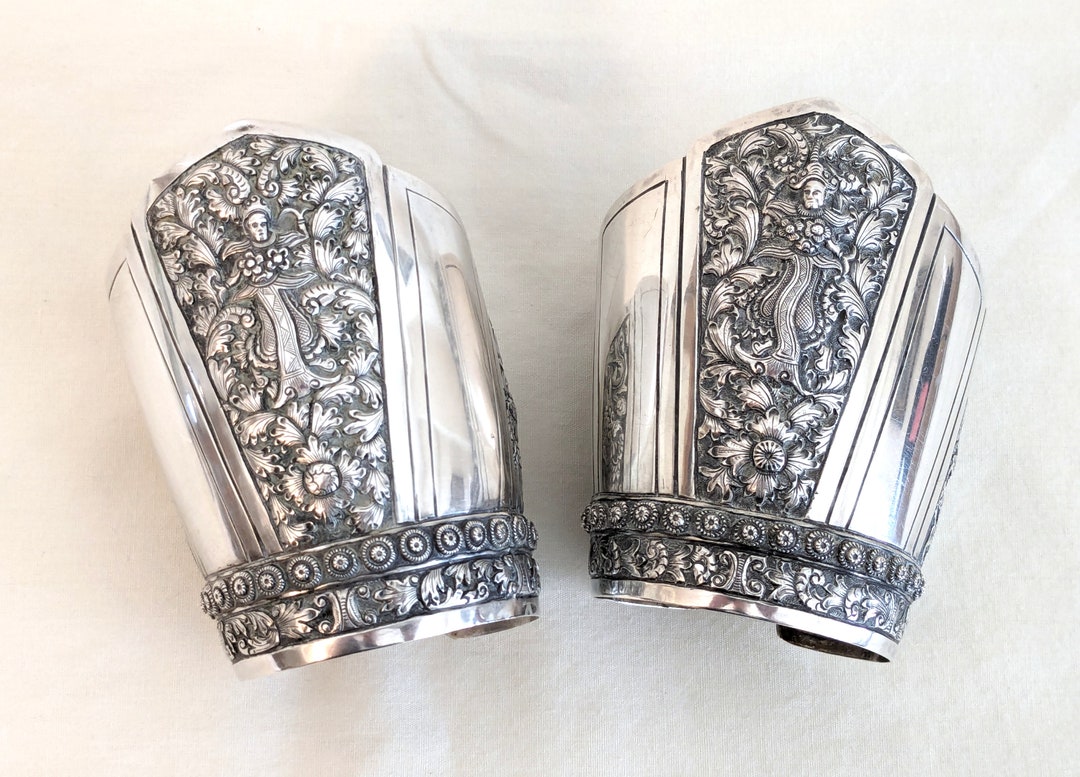 Chinese .900 Silver Cuff Bracelets: Repousse Flowers, Humans, Foliage ...