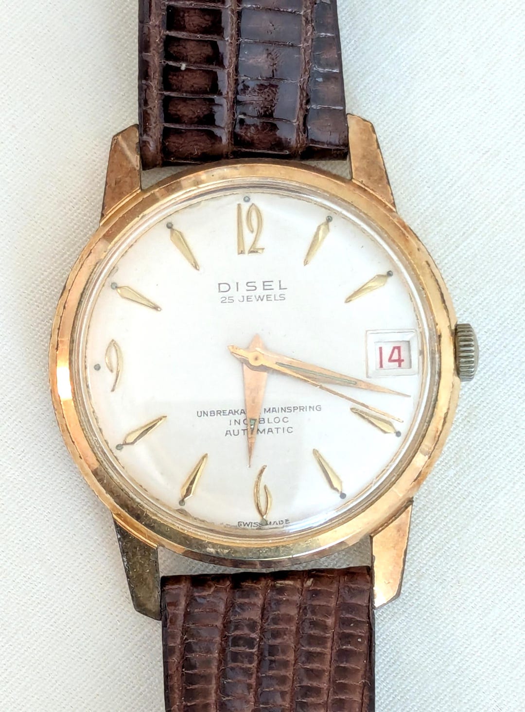 Working Disel Automatic 25 Jewels Watch, Date Window, Incabloc, Gold ...