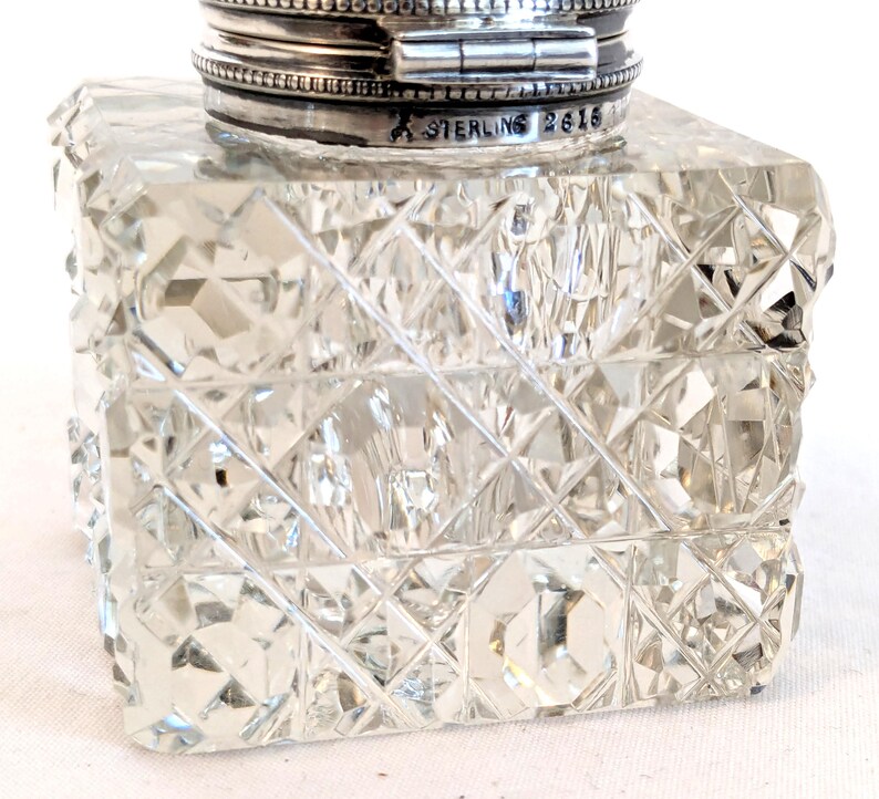 La Pierre Cut Crystal Inkwell, Sterling Repousse Cap: Monogram 
