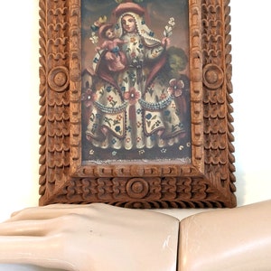 Small Oil Painting "our Lady of Guapulo" Cuzco School; Hand Carved Wood ...