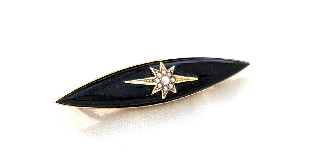 Victorian 15k Gold Mourning Brooch: Black Onyx & Seed Pearl, Braided ...