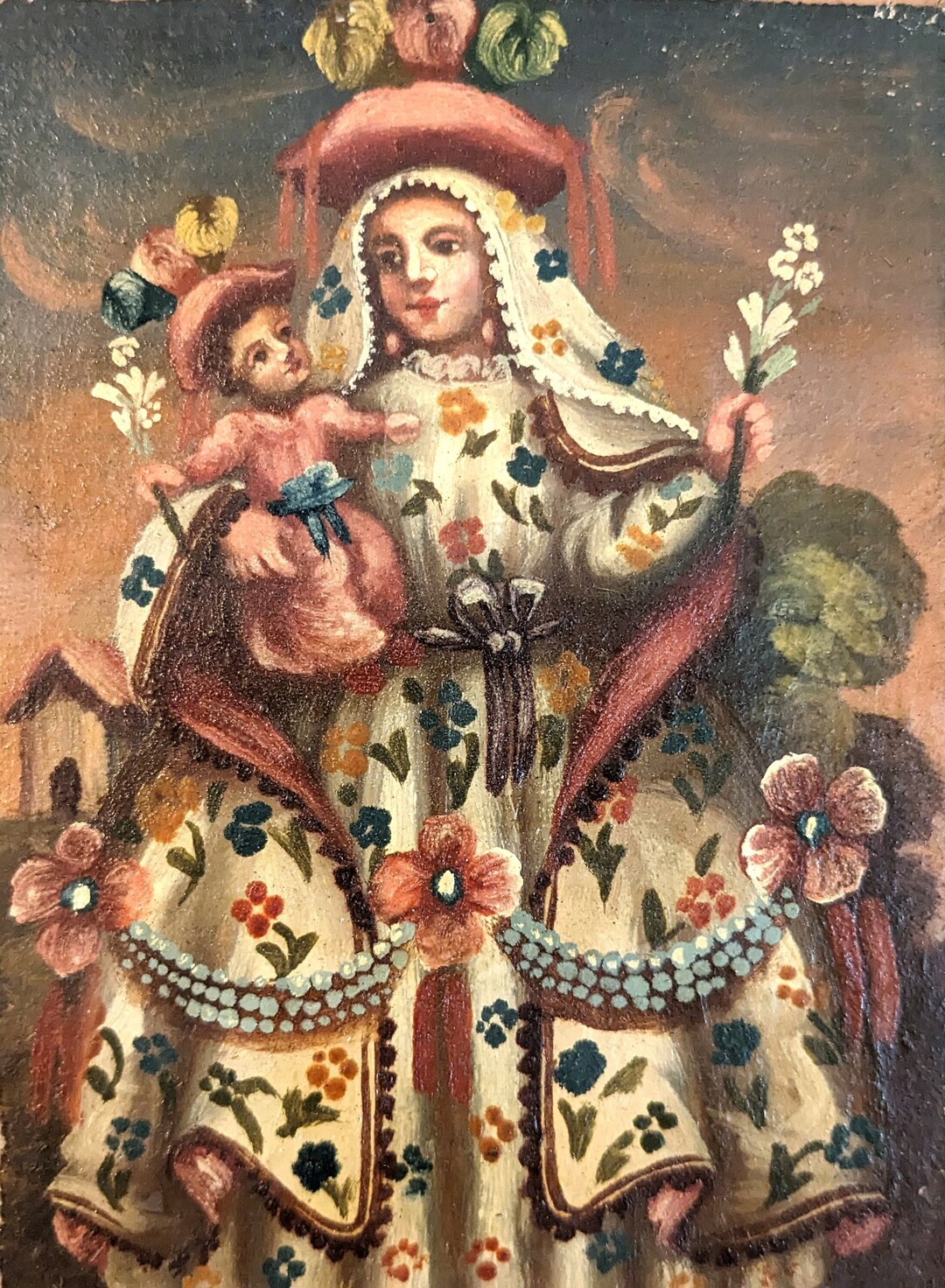 Small Oil Painting "our Lady of Guapulo" Cuzco School; Hand Carved Wood ...