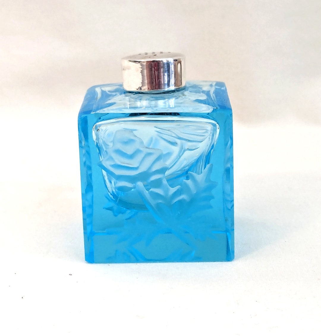 Hand Cut, Cube Shaped, Floral Etched, Aqua Blue Scent Bottle, Sterling ...