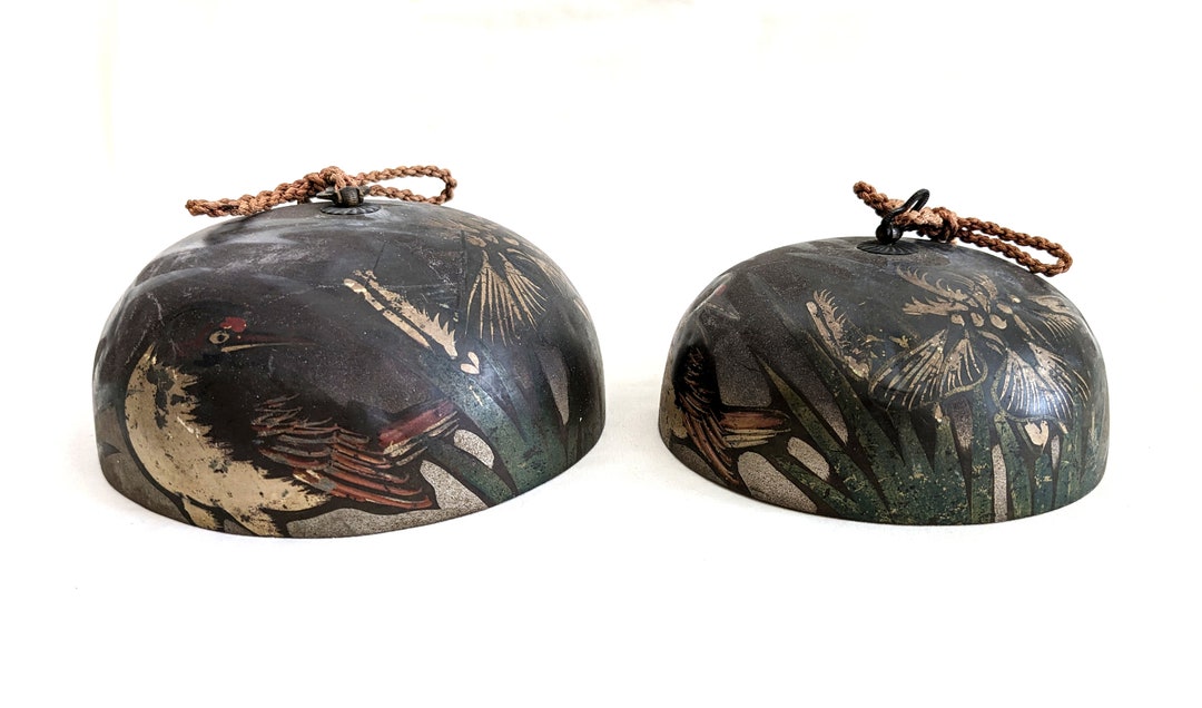 Two Japanese Hammered Copper, Enameled Hanging Gongs / Bells, One is ...