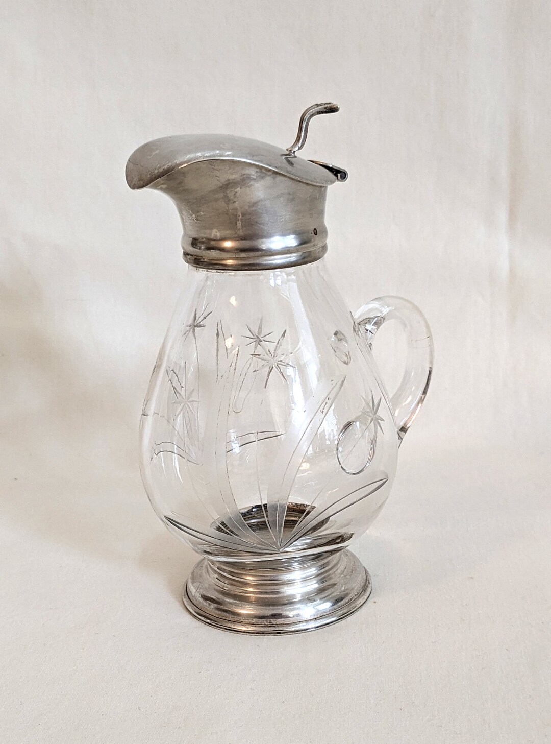 Sterling Mounted, Etched, Molded Glass Syrup Pitcher, US Made 5 1/4 H ...