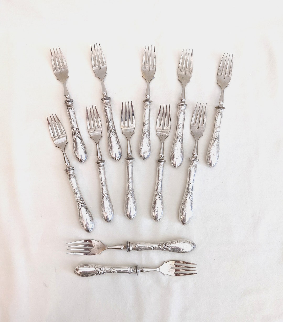 12 German Art Nouveau .800 Silver Weighted Forks, Silver Plated Steel ...