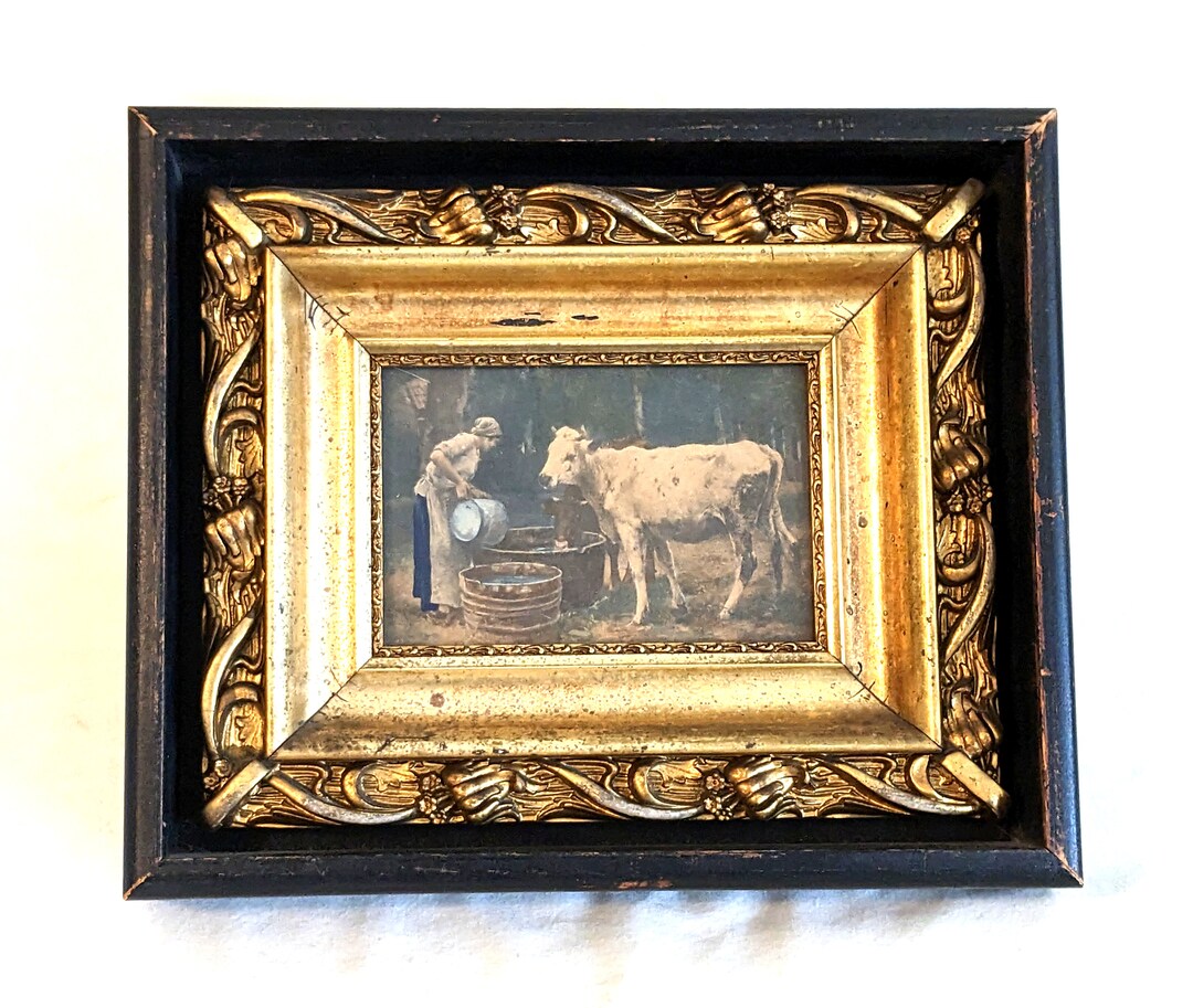Antique Shadow Box Picture Frame, Hand Colored Photo of Woman and Cows ...