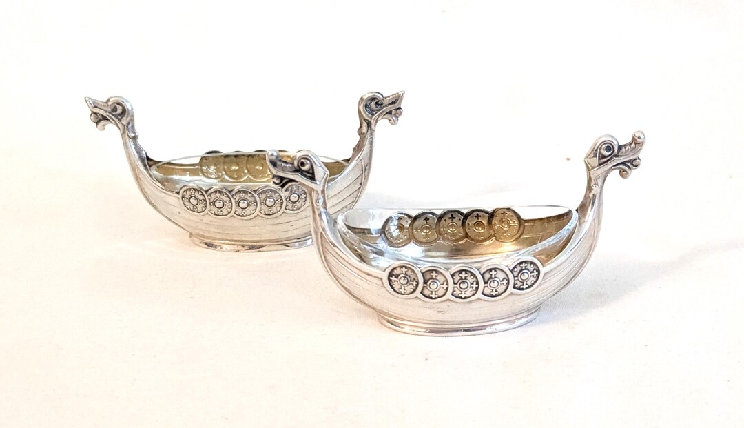 Norwegian Sterling Silver Viking Ship Salt Cellars With Glass Inserts ...
