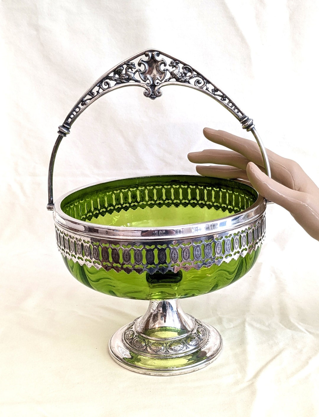WMF of Germany, Silverplated Green Glass Bowl / Basket Pedestal Foot ...