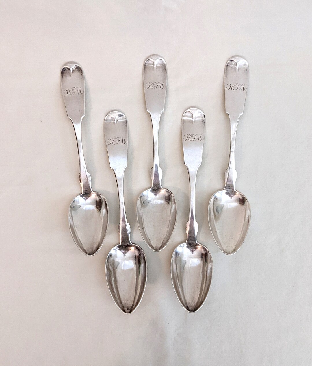 5 Jones, Lows & Ball of Boston Coin Silver, Fiddleback Serving Spoons ...