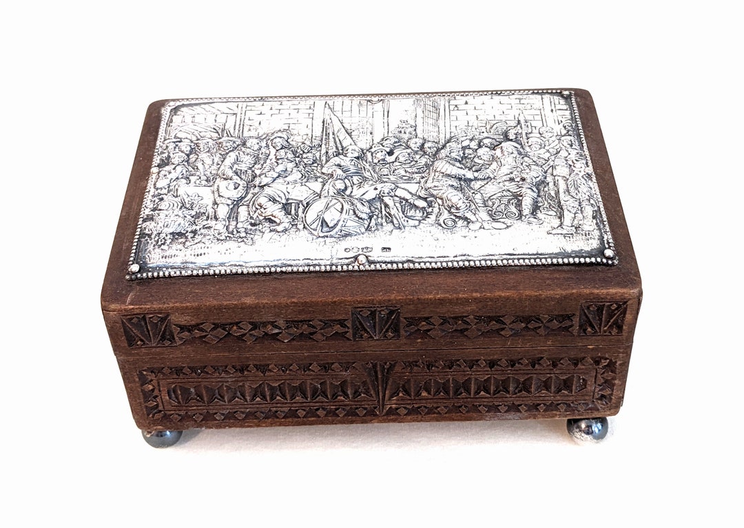 Dutch 1927 Hand Carved Wood Box, .833 Silver Mounted Lid, Embossed With ...