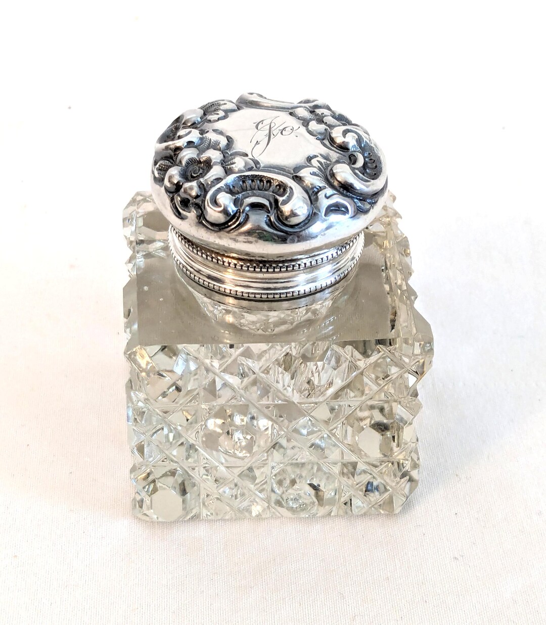 La Pierre Cut Crystal Inkwell, Sterling Repousse Cap: Monogram 