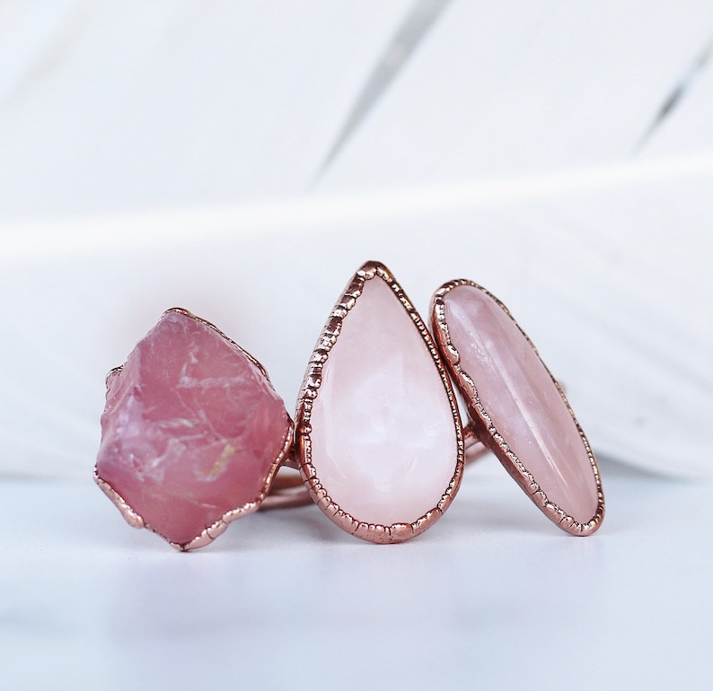 Chunky Raw Rose Quartz Copper Ring, Electroformed Crystal Statement ...
