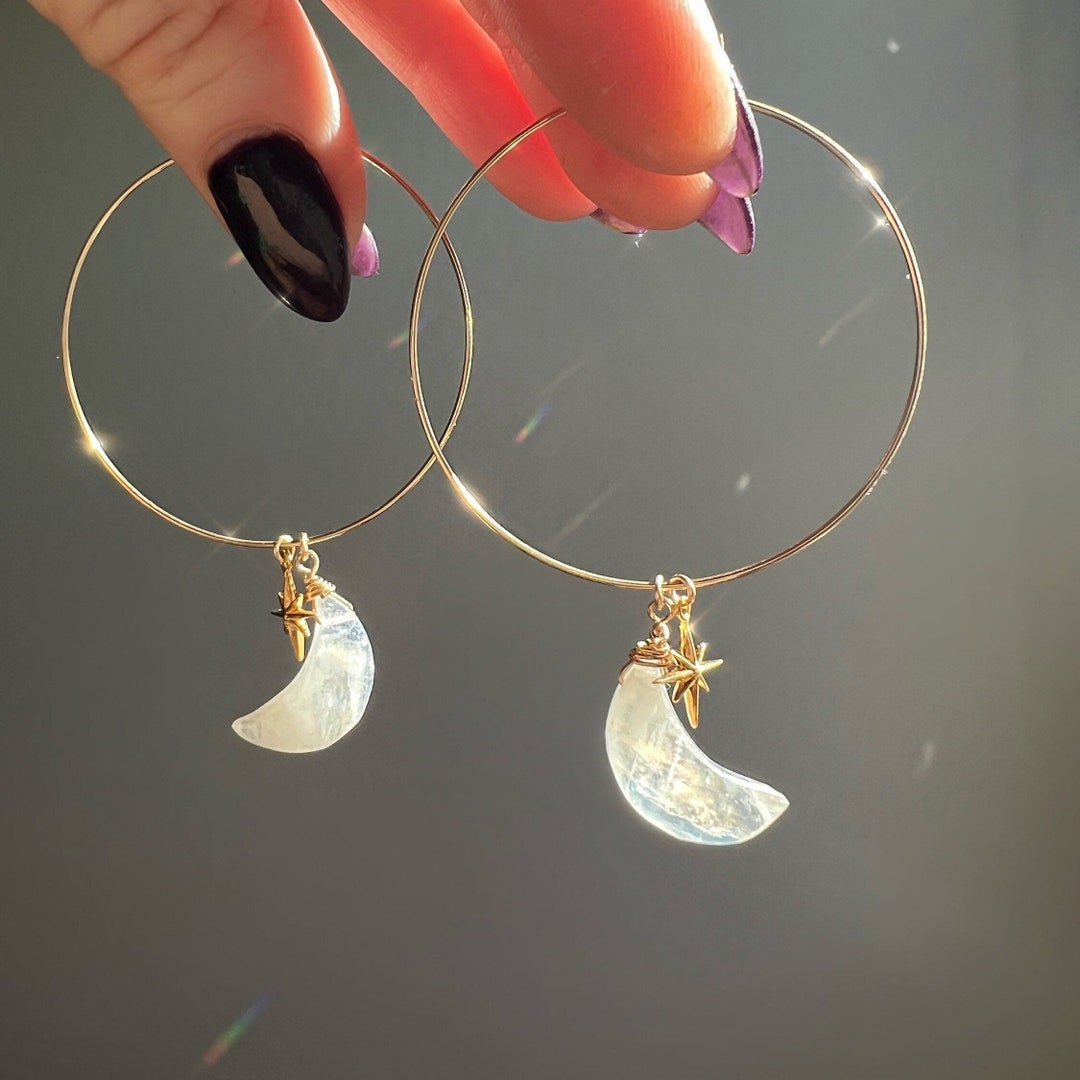 Rainbow Moonstone Hoop Earrings, Moonstone Moon Earrings, Moon and Star Earrings, Moon and Stars ...