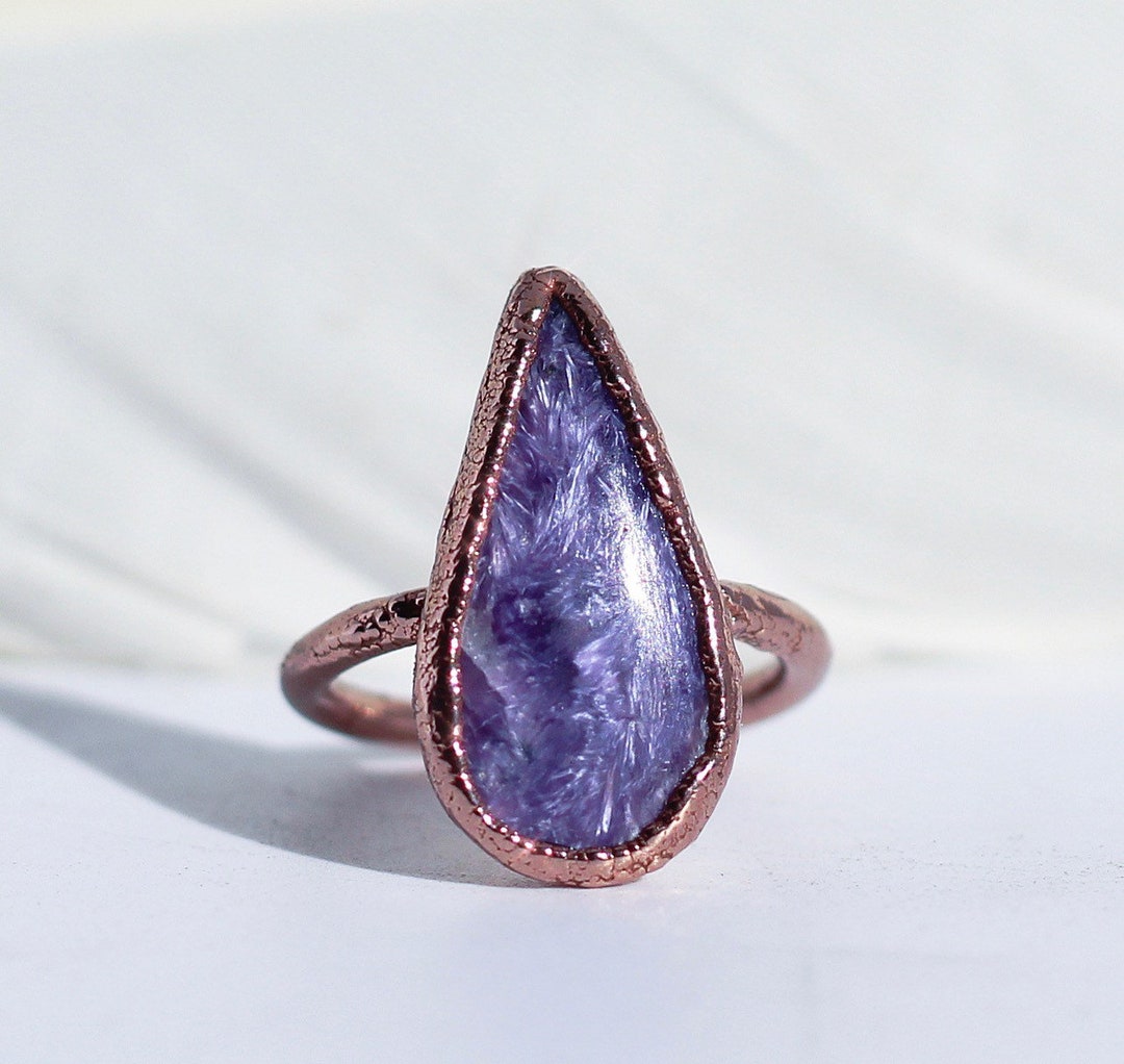 Charoite Ring, Charoite Crystal Ring, Charoite Jewelry, Natural Charoite Stone, Purple Teardrop ...