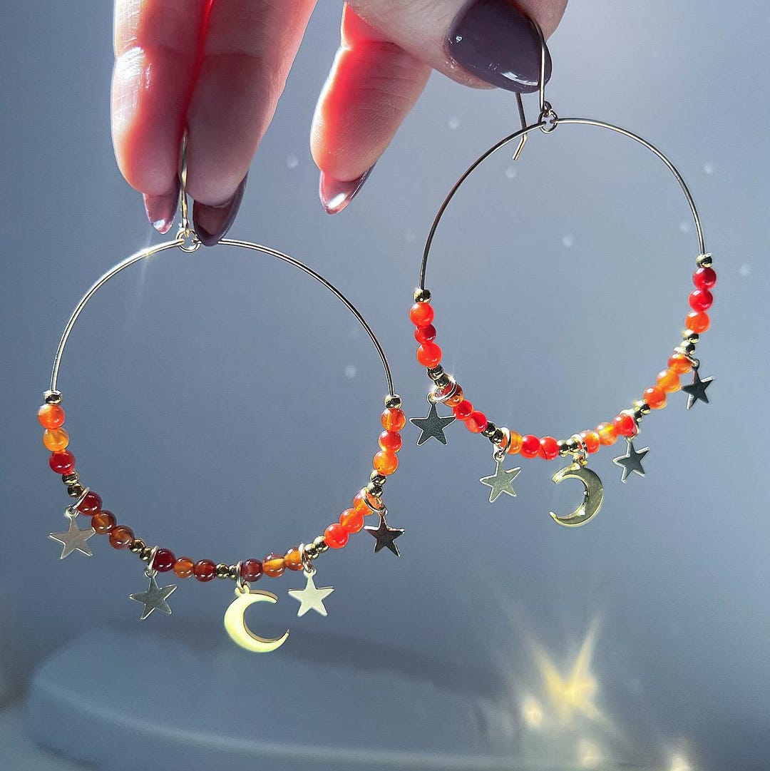 Crystal Bead Boho Hoops, Moon and Star Boho Hoops, Celestial Hoop Earrings, Big Beaded Hoop ...