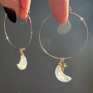 Rainbow Moonstone Hoop Earrings, Moonstone Moon Earrings, Moon and Star Earrings, Moon and Stars ...