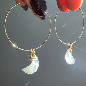 Rainbow Moonstone Hoop Earrings, Moonstone Moon Earrings, Moon and Star Earrings, Moon and Stars ...