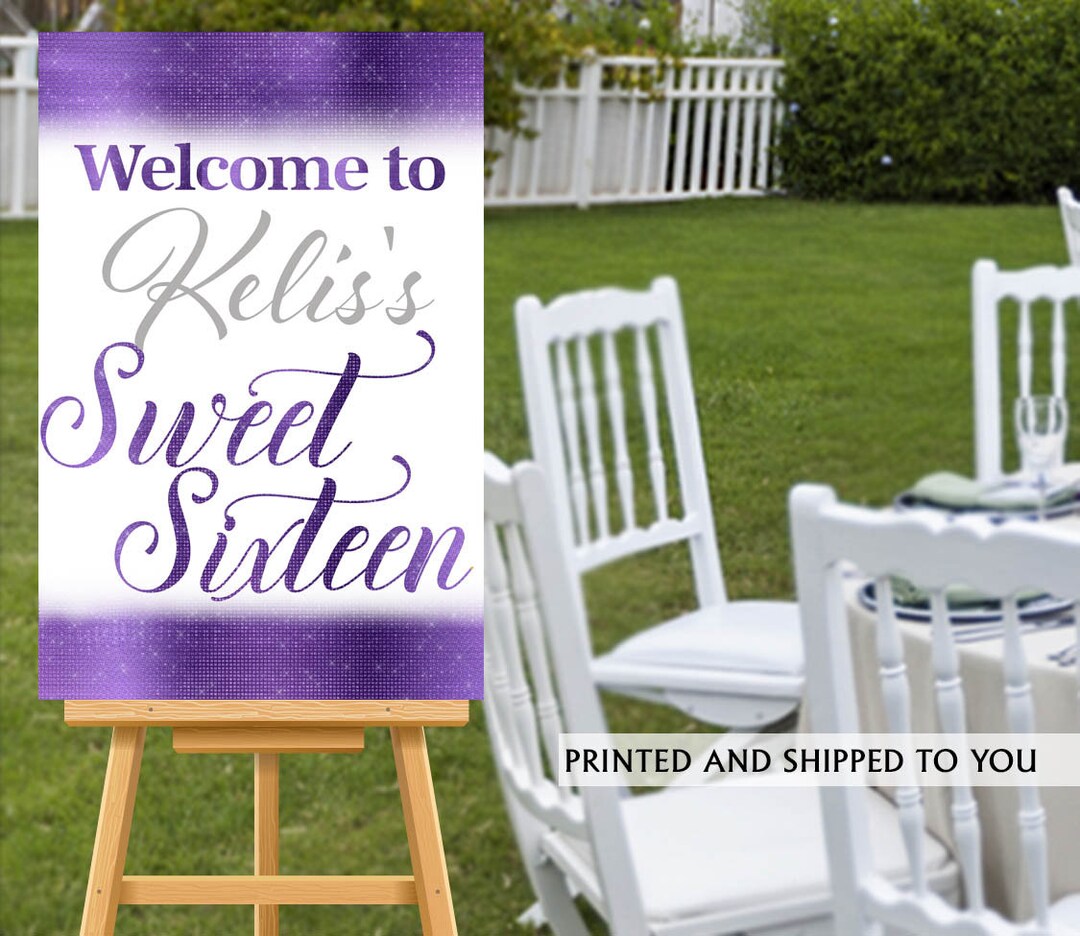 Sweet Sixteen Welcome Sign, Purple Sparkle Sign, Sweet 16 Welcome Sign ...