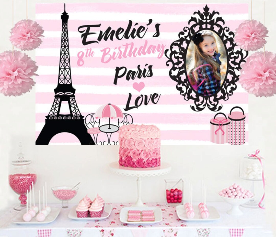 Paris Love Personalized Photo Backdrop - Birthday Cake Table Backdrop ...
