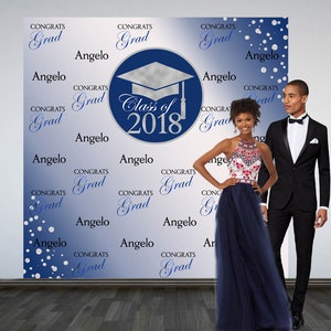 Graduation Personalized Photo Backdrop, Blue and Silver Photo Backdrop ...