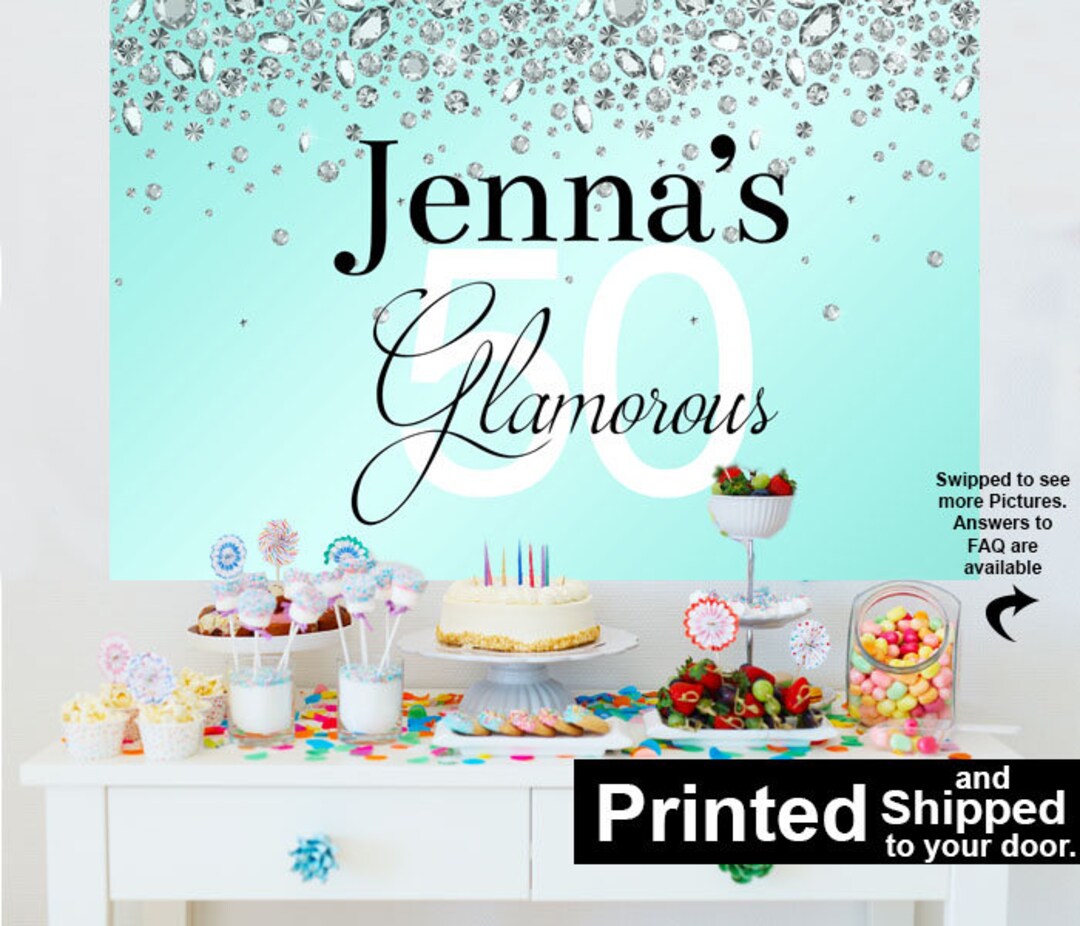 Glamorous 50 Personalized Backdrop - Birthday Cake Table Backdrop, Aqua ...