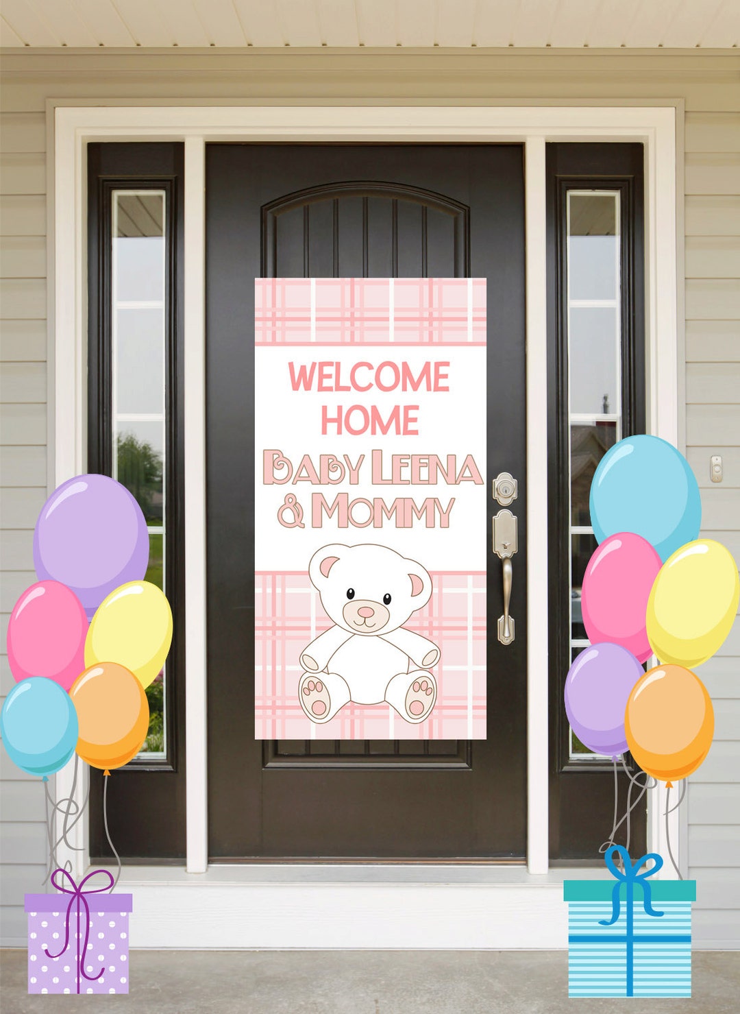 Welcome Home Baby Door Banner, Personalized Baby Bear Girl Party Banner ...