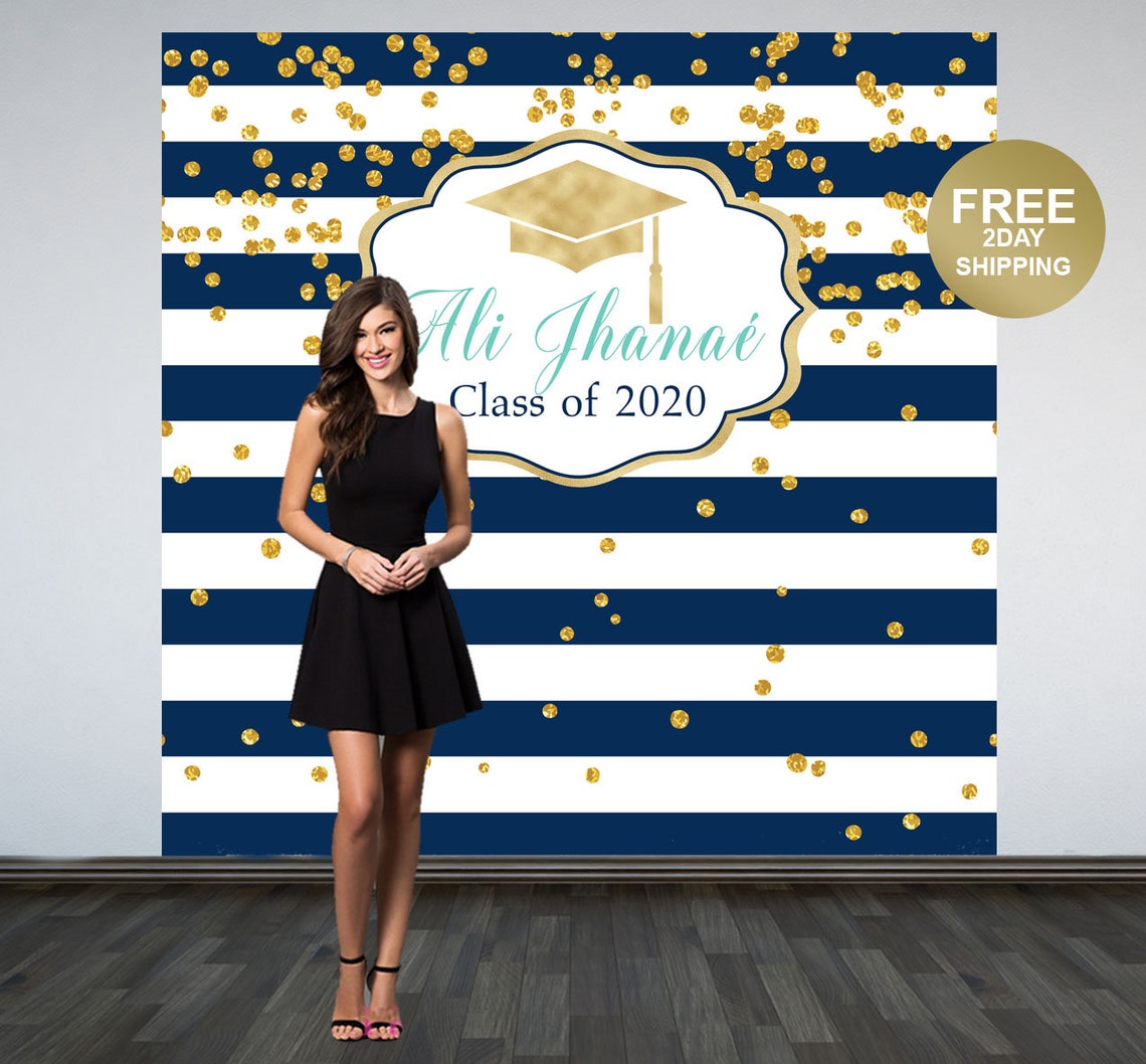 Graduation Personalized Photo Backdrop Navy Blue and White - Etsy