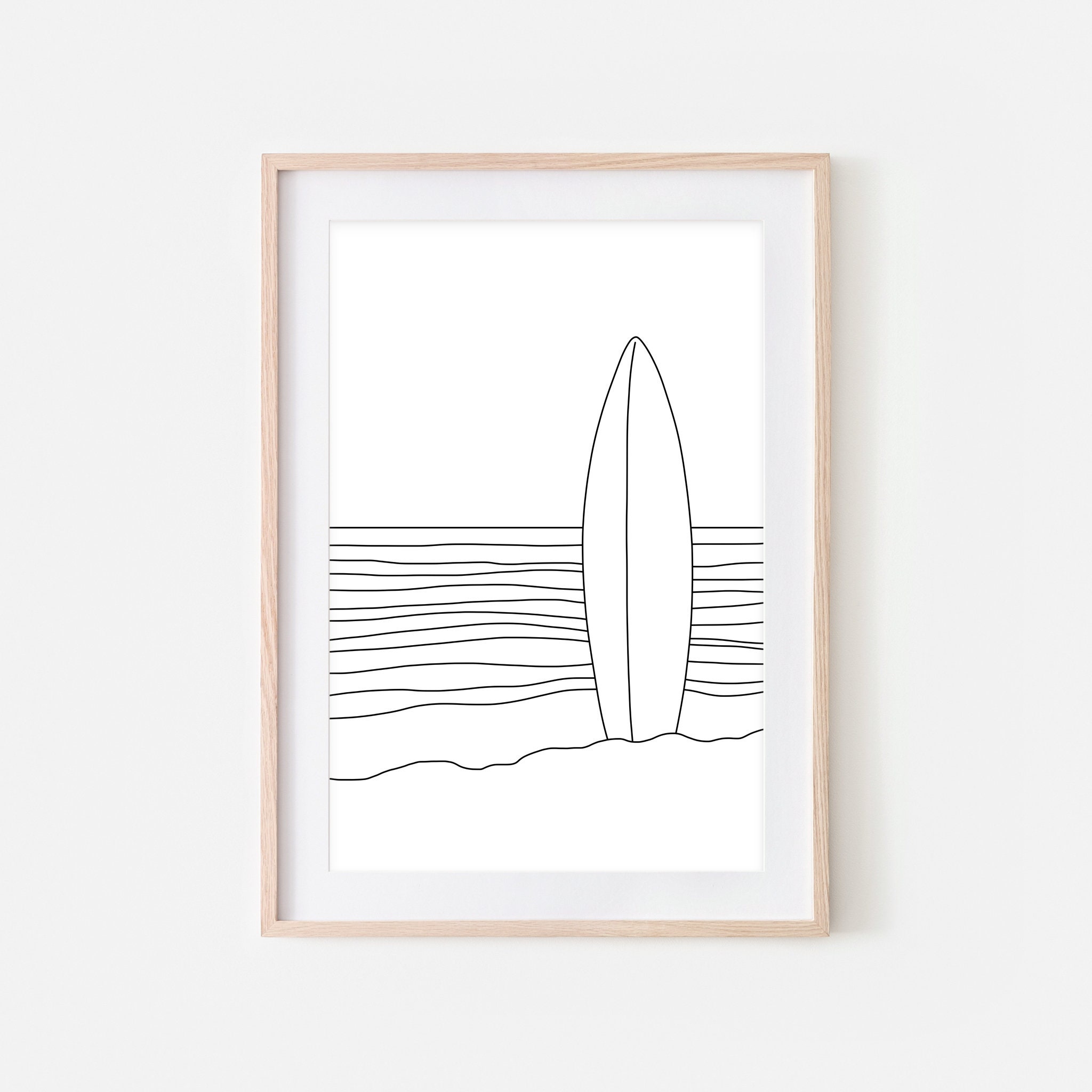 Surf Art, Surfboard Beach Line Art, Ocean Black and White Print, Surf ...